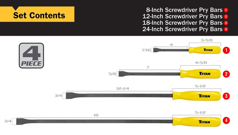 17101 4 pc. Pry Bar Set, Includes 8-Inch, 12-Inch, 18-Inch, and 24-Inch ...
