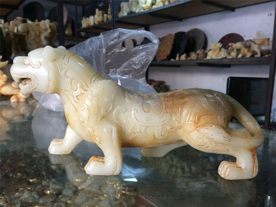 10" Old China 100% Natural White Jade Master Carved Jade Tiger Statue ...