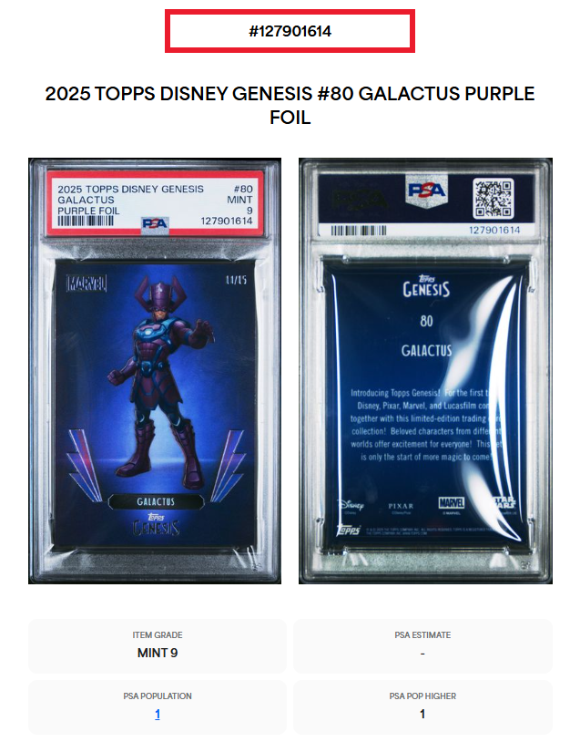 2025 TOPPS DISNEY GENESIS GALACTUS PURPLE FOIL #80 PSA9 MINT 11/15 ...