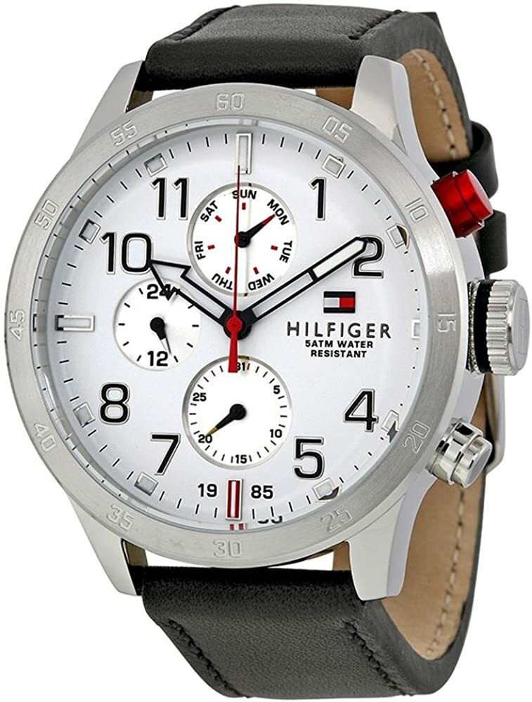 Tommy Hilfiger 1791138 Silver Tone White Dial Black Leather Band Mens ...