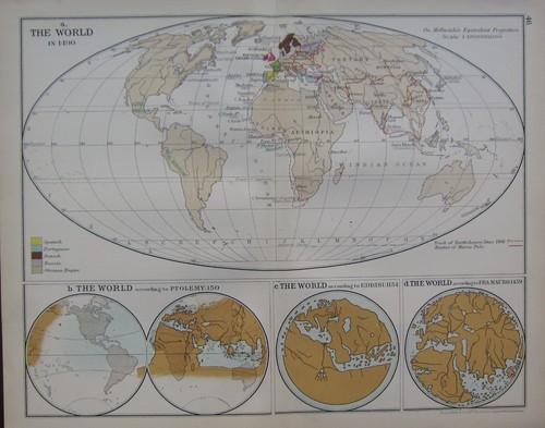 1911 MAP ~ WORLD IN 1490 BARTHOLOMEW DIAZ TRACK MARCO POLO PTOLEMY ...