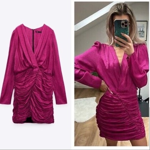 Zara Fuchsia Satin Effects Print Dress pink Black Dot Cocktail XS NWT ...