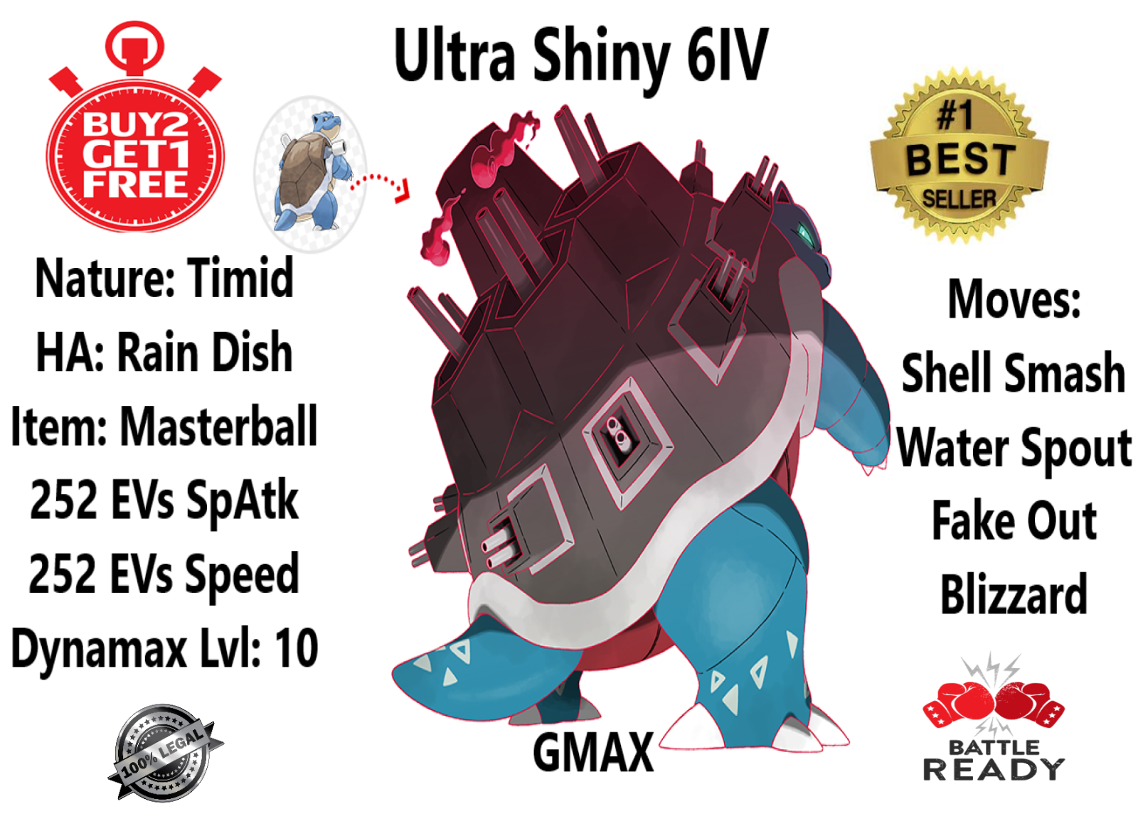 6IV Shiny Gigantamax Blastoise Isle of Armor Pokemon Sword Shield 100% ...