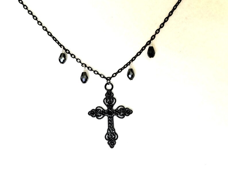 Large Black Cross Necklace Black Crystal Choker Necklace Cross Choker ...