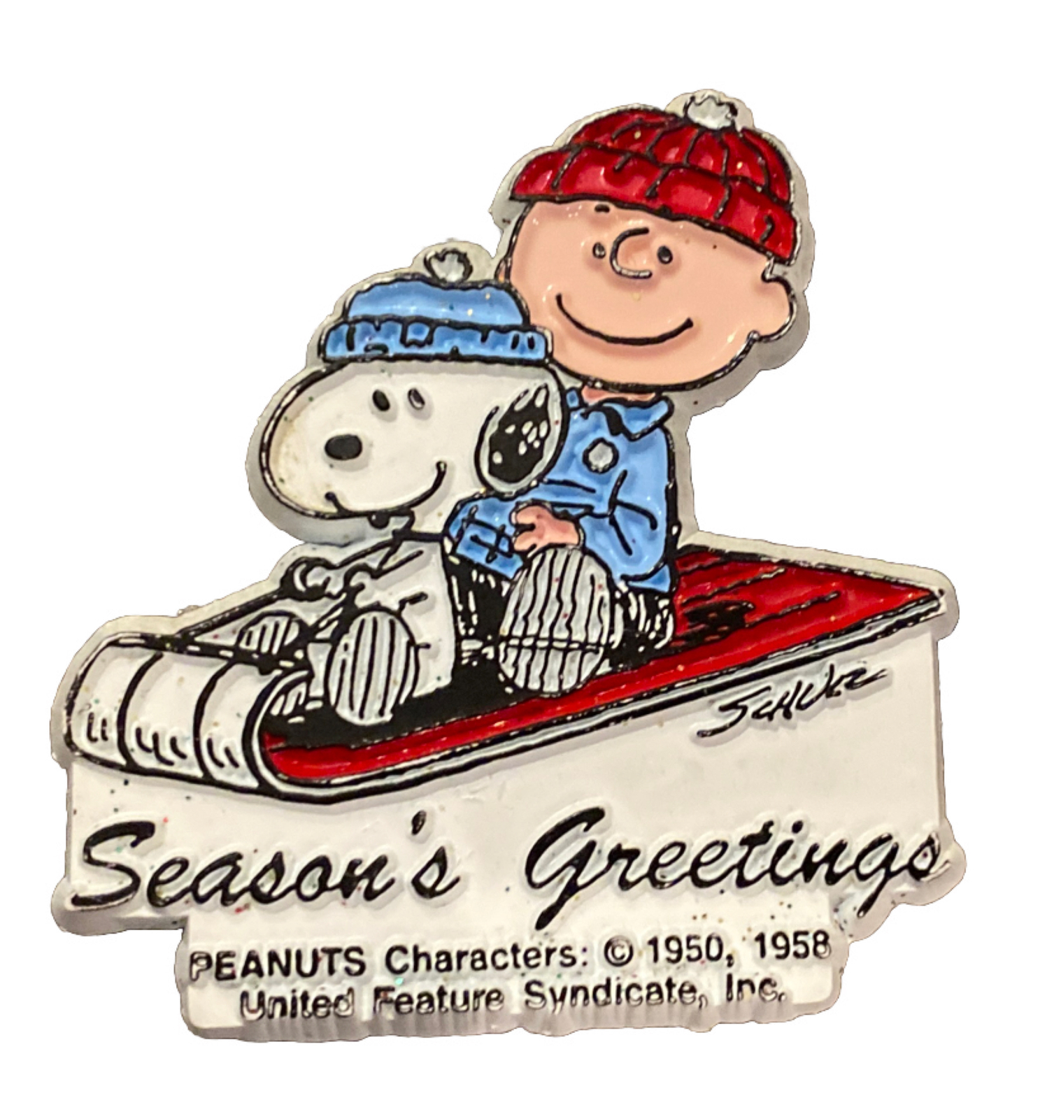 Vintage SNOOPY CHARLIE Peanuts 1958 Frig Rubber Magnet SEASON'S GREET ...