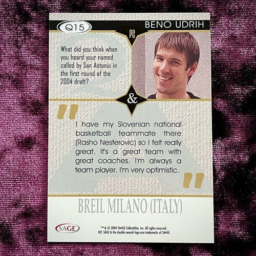 Beno Udrih 2004 SAGE Hit Q&A Silver RC #15 MINT Spurs Rookie Jersey ...