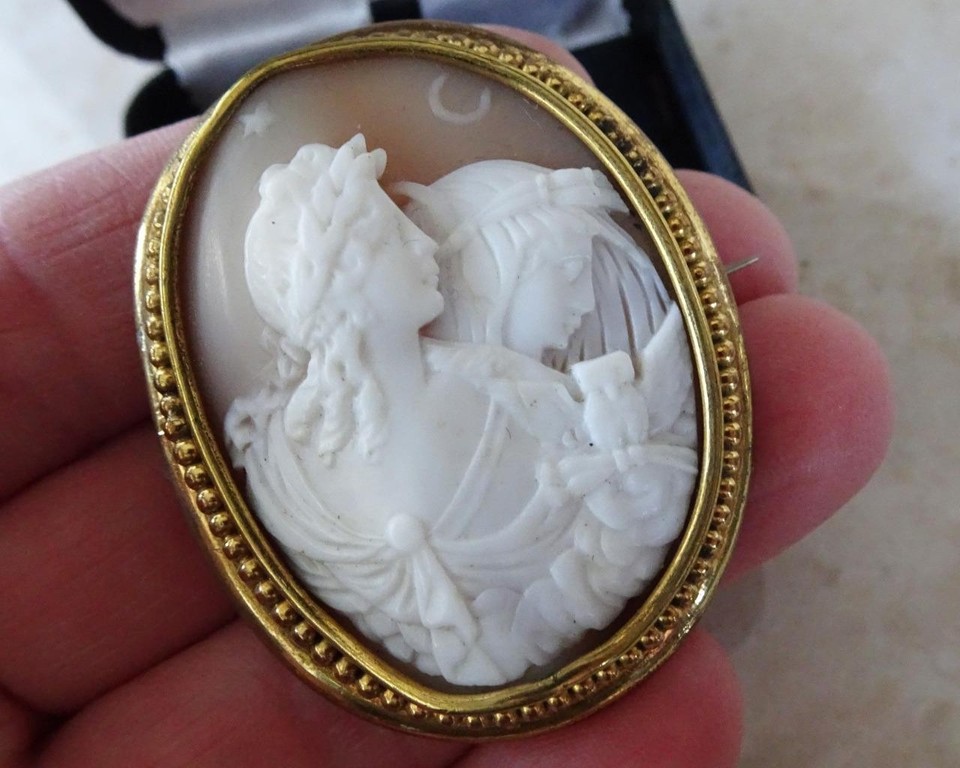 VICTORIAN NIGHT & DAY CAMEO BROOCH PIN with OWL & MOON Circa1860 | eBay