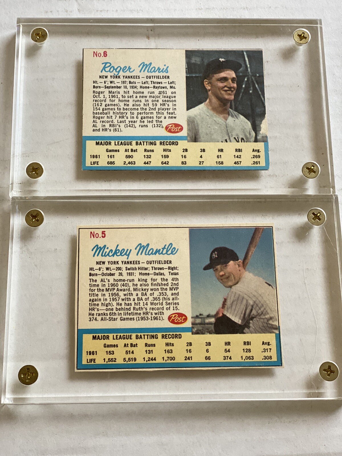 1962 Post Cereal #5 Mickey Mantle / #6 Roger Maris Hand Cut Life ...