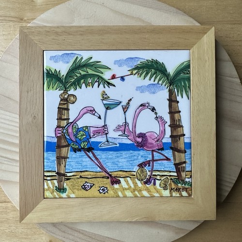 VTG Maret Pink Flamingo Beach Tropical Art Wall Decor Ceramic Tile Frame 8" x 8" | eBay