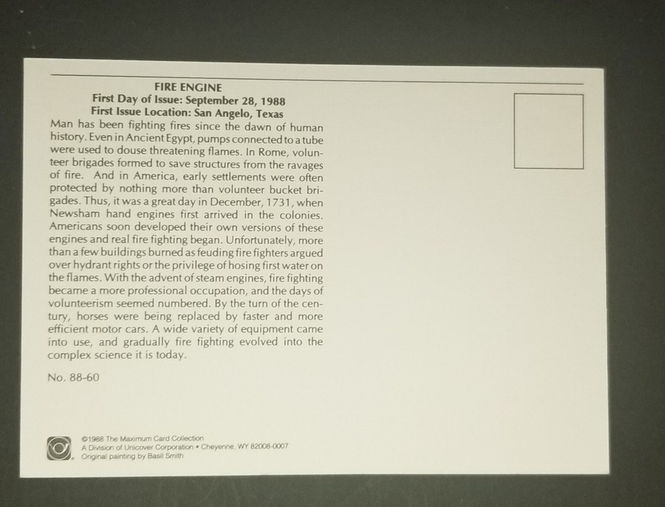 1988 Fire Engine Stamp Scott 2264 FDC Maxi Card Maximum First Day M180 ...