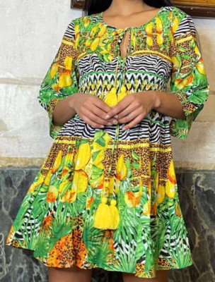 ANTICA SARTORIA 2023 ZEBRA PALMS LEOPARD SMOCKED TOP TIE DRESS/MUMU OS ...