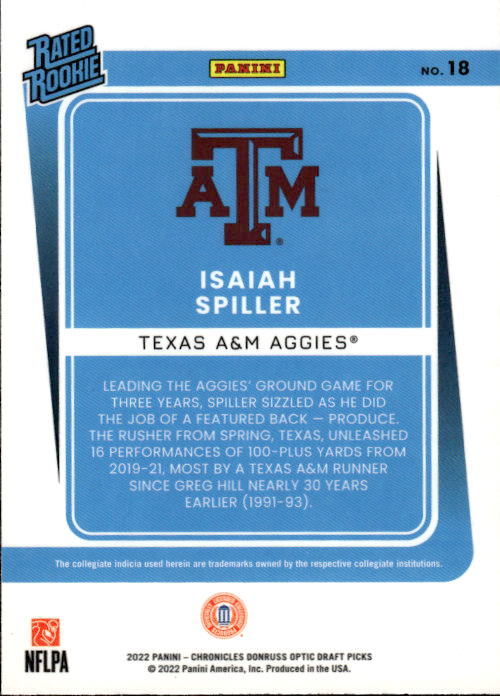 2022 Panini Chronicles Draft Picks Isaiah Spiller #18 Donruss Optic 11G ...