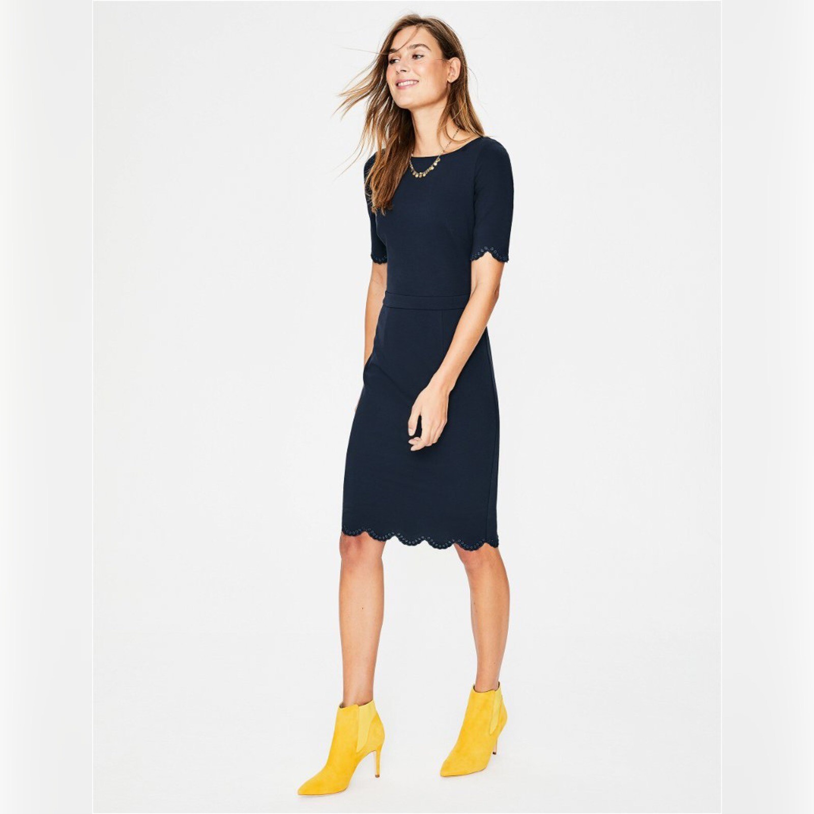 Boden Emma Eyelet Hem Short Sleeve Scalloped Stretch Ponte Sheath Dress ...