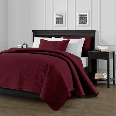 Queen King Size Solid Dark Red Embossed Oversized 3pc Quilt Set ...