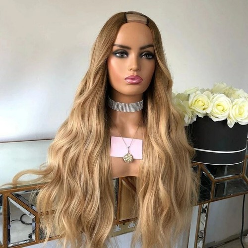 #4T27 Wavy Wig 1x4 U Partial Human Hair Wig Blonde Middle Open Partial ...