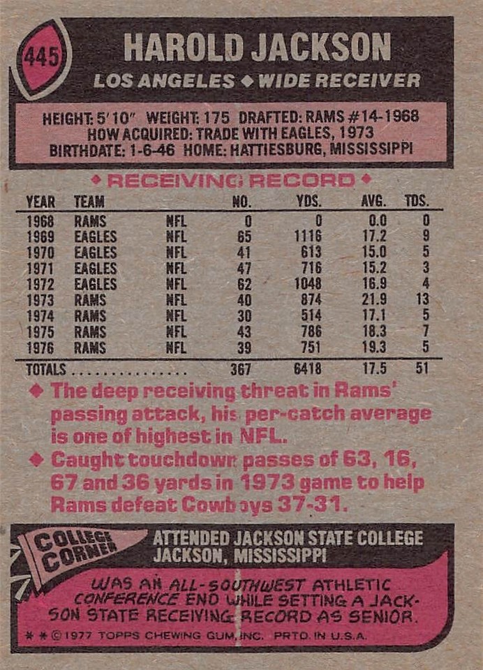 1977 Topps Football Harold Jackson #445 EX CONDITION LOS ANGELES RAMS ...