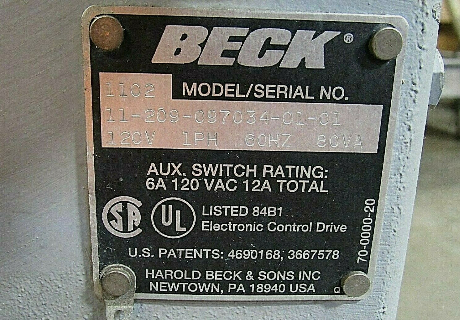 BECK ACTUATOR 1102 11-209-097034-01-01 20-2704-21 1PH 120V 80VA - USED ...