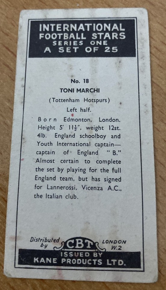 Kane International Football Stars - 1958 - #18 Toni Marchi- Tottenham ...