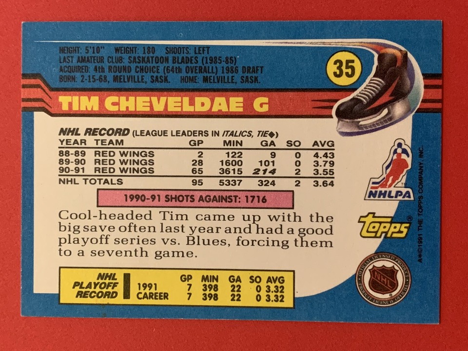 TIM CHEVELDAE Signed 1991-92 Topps #35 Detroit Red Wings Autograph Auto ...