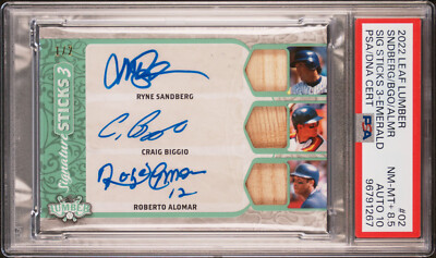 2022 Leaf Lumber RYNE SANDBERG CRAIG BIGGIO ROBERTO ALOMAR Auto Bat #1/ ...