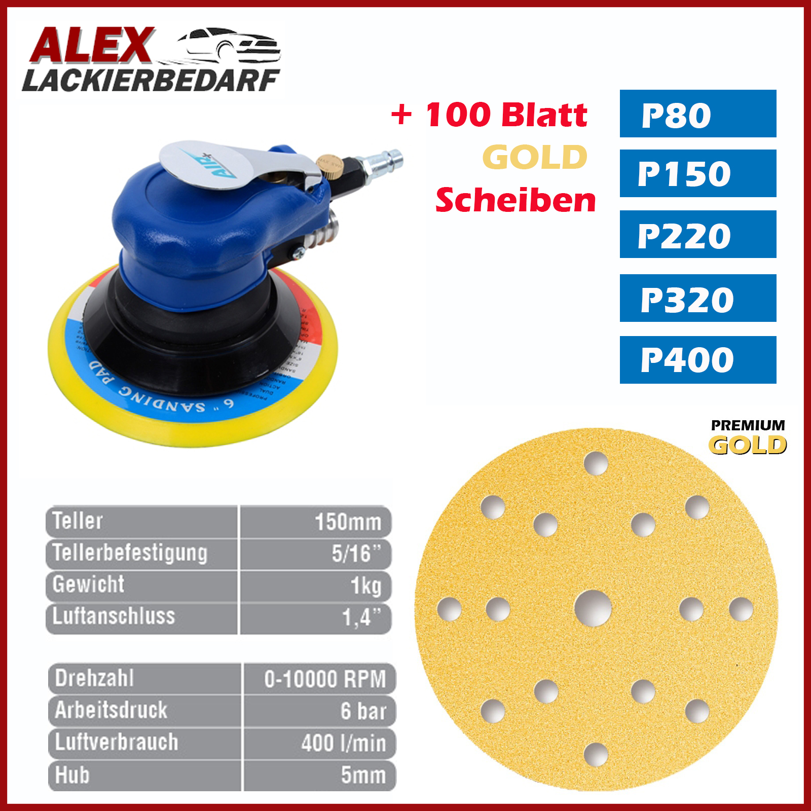 Druckluft Excenter Schleifer 150mm + 100 Schleifscheiben Set P80 - P400 ...