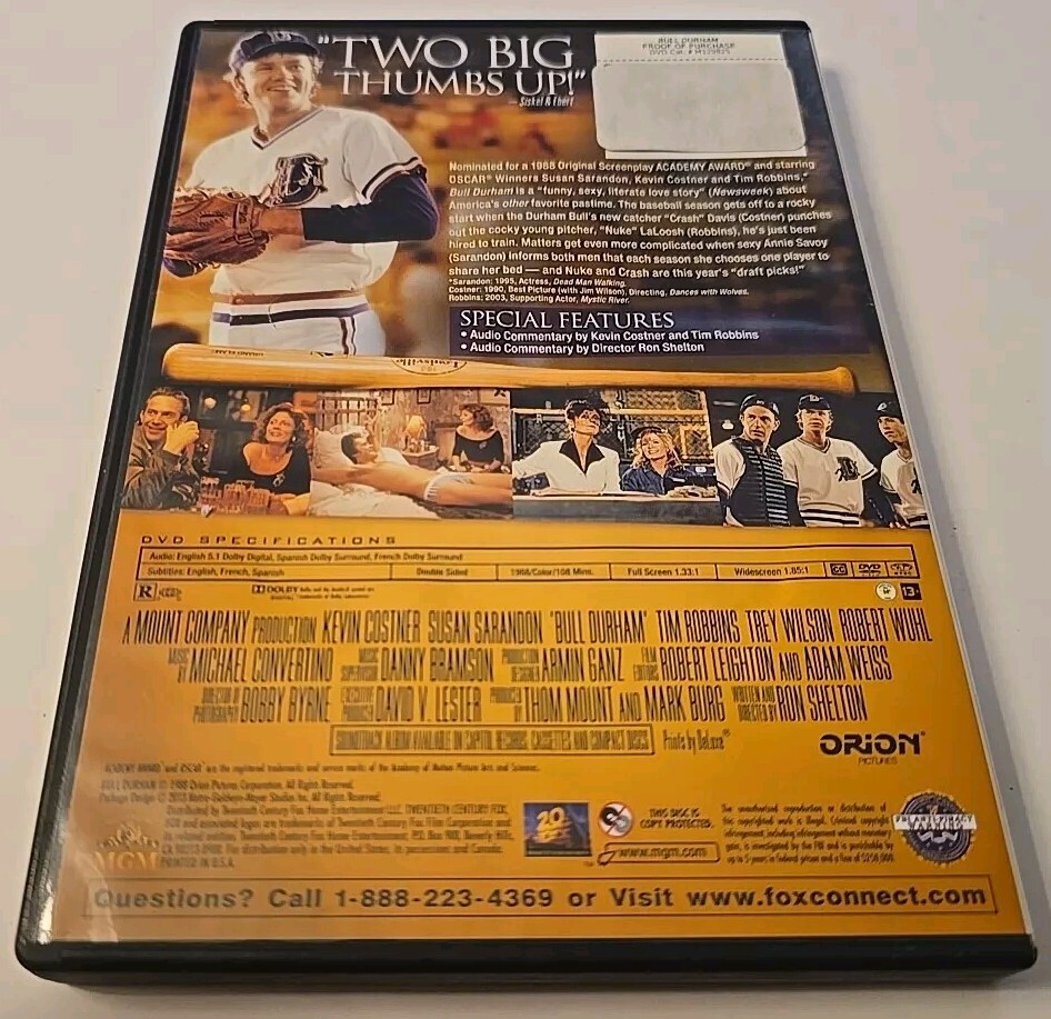 Bull Durham DVD 1988 Kevin Costner Susan Sarandon Tim Robbins LIKE NEW ...