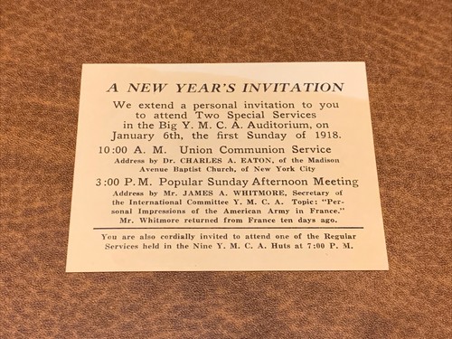 Rare WWI World War 1 Invitation YMCA Auditorium United States US Army ...