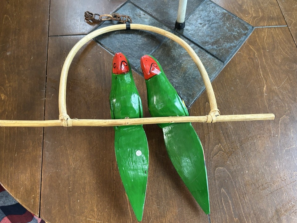 Vintage Hand Carved Wood Parrots Birds on Hanging Bamboo Ring Perch ...