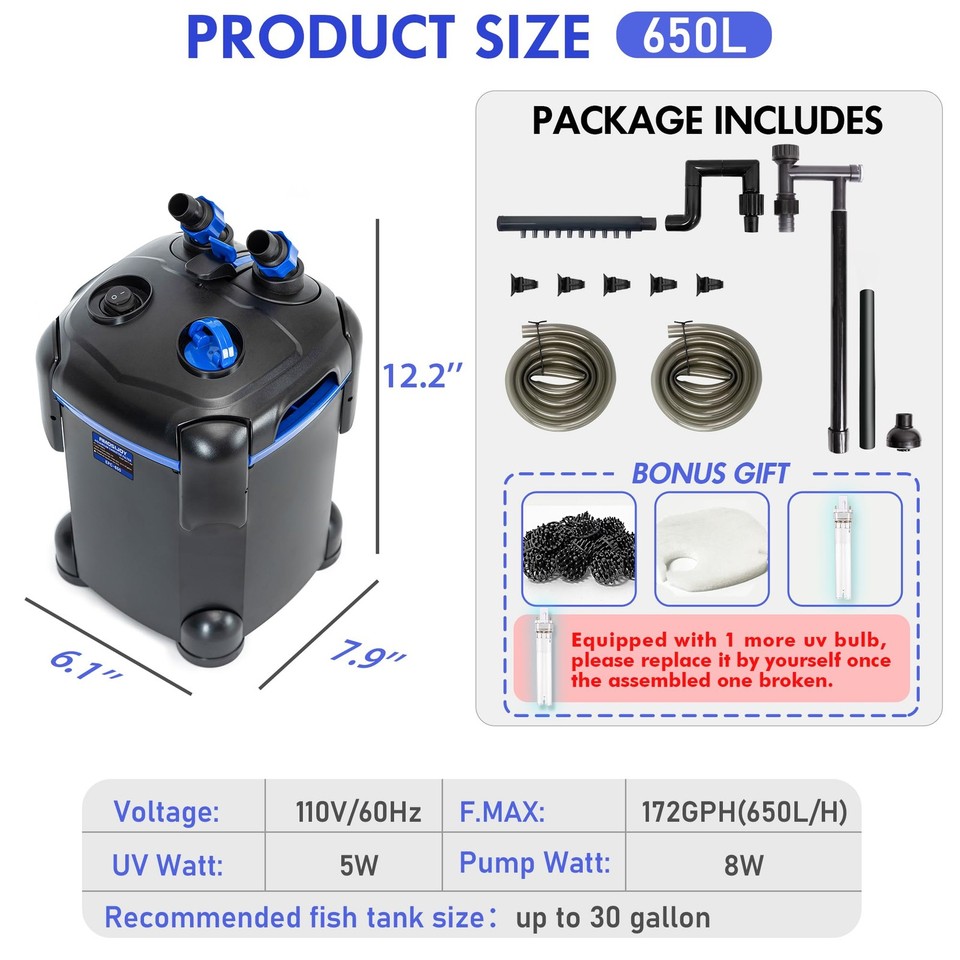 AMOSIJOY 172GPH Canister Filter Ultra Quiet External Aquarium Filter ...