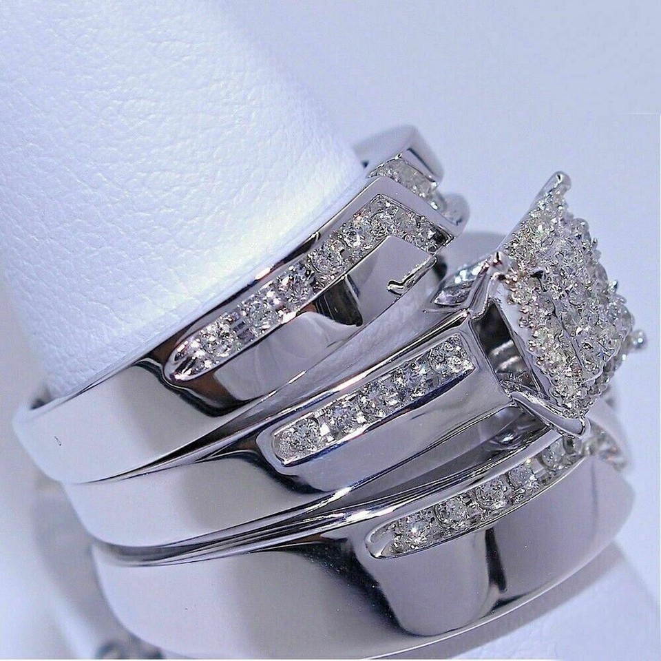 2Ct Cut Lab Created Round Diamond Wedding Trio Ring Set 14K White Gold ...