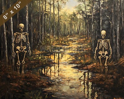 Skeletons near eerie bog oil painting 8x10 Print | eBay