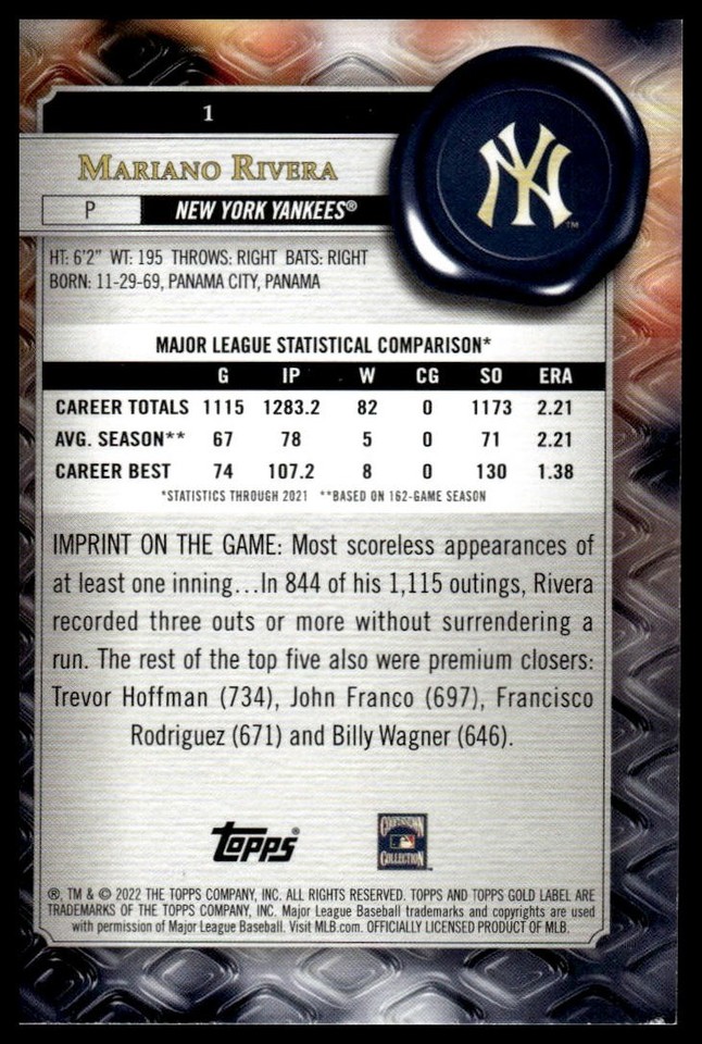 2022 Topps Gold Label Mariano Rivera #1 Class 2 | eBay