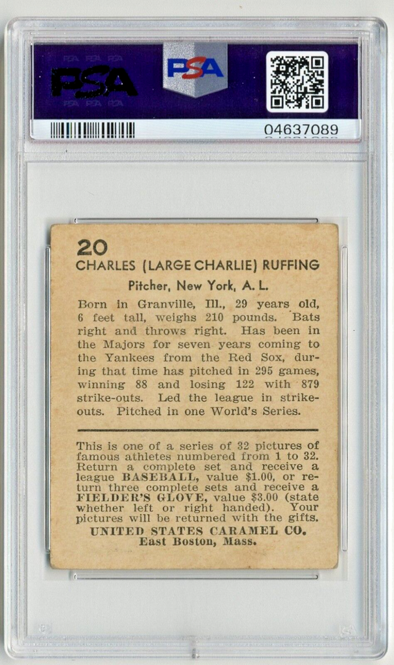 1932 U.S. CARAMEL NEW YORK YANKEES CHARLES RED RUFFING #20 PSA 4 VG-EX ...