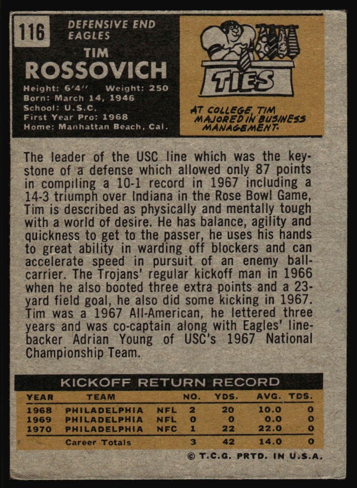 1971 Topps Tim Rossovich #116 Philadelphia Eagles | eBay