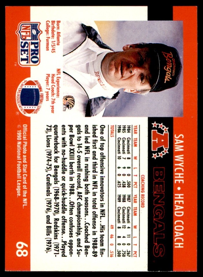 1990 Pro Set Sam Wyche Cincinnati Bengals #68 | eBay