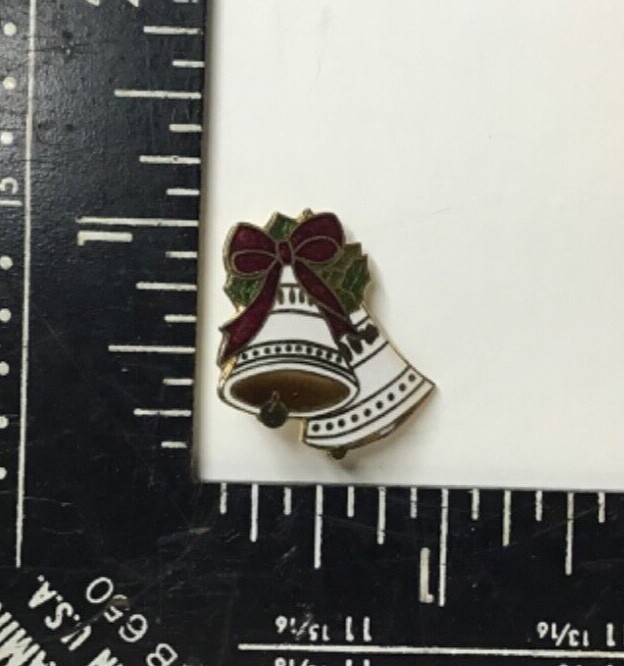 Vintage Christmas Bell Pin Small Double Bell Pin 1” White Bells Red Bow ...