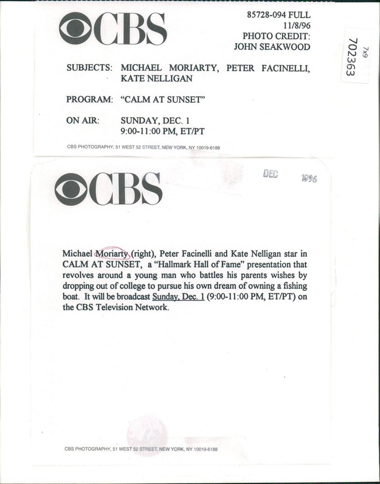1996 Micheal Moriarty Peter Facinelli Kate Nelligan Calm Sunset Actor ...