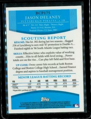 2008 Bowman Chrome Prospects Baseball Card BCP175 JASON DELANEY Pirates ...