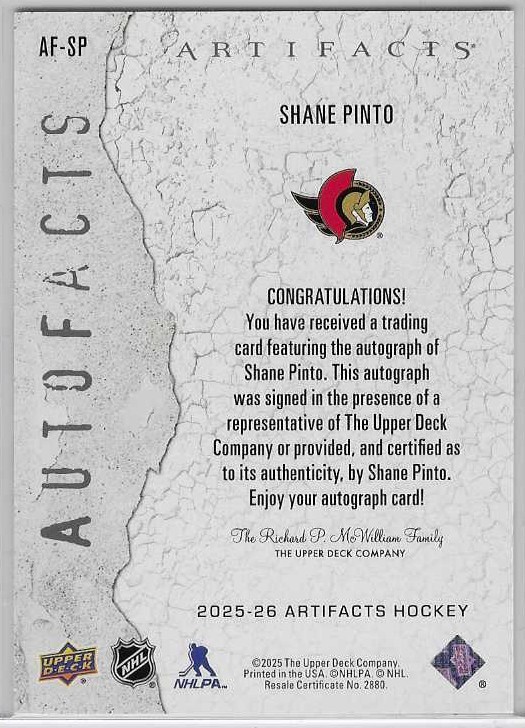 SHANE PINTO 2025-26 UPPER DECK ARTIFACTS AUTOFACTS | eBay