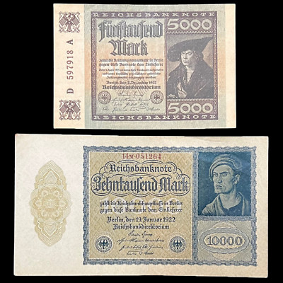 1922 Germany 5000 & 10000 Mark Banknotes WW1 Pre WW2 Nazi Paper Money ...