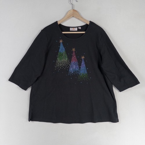 Quacker Factory Top 1X Black Rhinestone Trees Holiday Jersey Knit ...