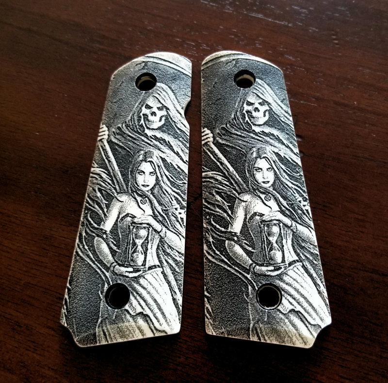 1911 custom engraved ivory scrimshaw grips Grim Reaper Girl Hourglass ...