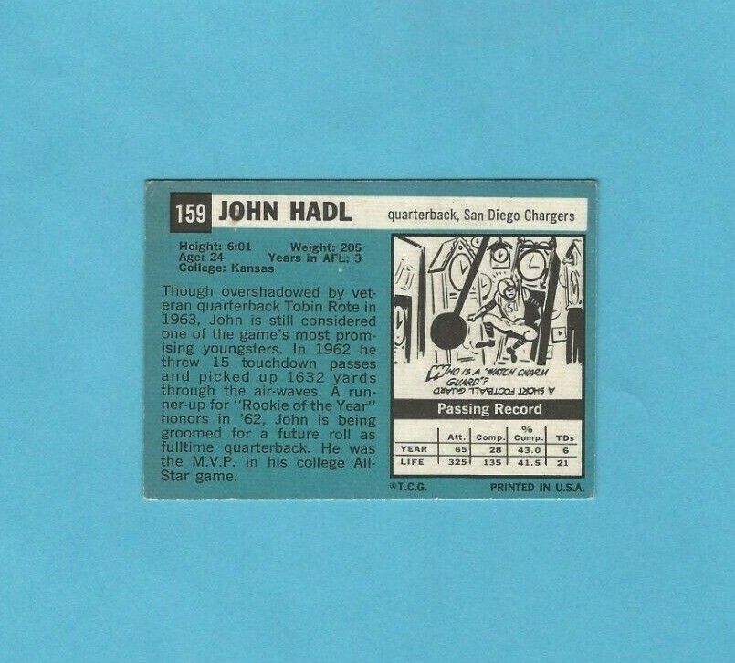 1964 Topps #159 John Hadl San Diego Chargers Rookie Football Card Vg/Ex ...