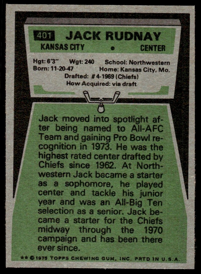 1975 TOPPS JACK RUDNAY KANSAS CITY CHIEFS #401 | eBay