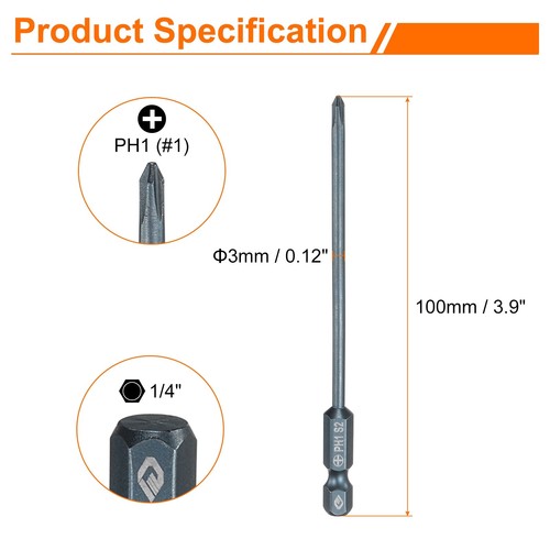 PH1 Phillips Screwdriver Bit 1/4" Shank 3.9" Long 0.12" Rod Magnetic S2 ...