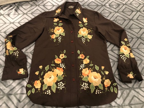 VTG King James California size M flowers embroidered brown peach color ...