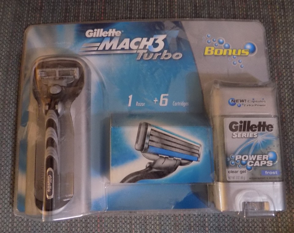 gillette mach 3 turbo razo, 6r blades & bonus power caps | eBay