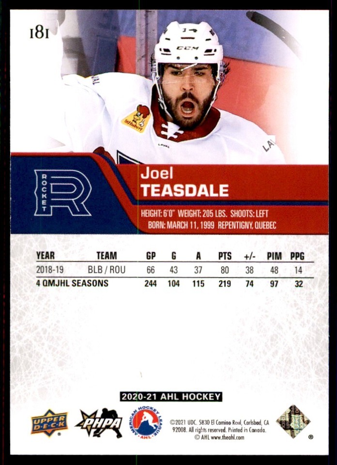 2020-21 Upper Deck AHL #181 Joel Teasdale | eBay