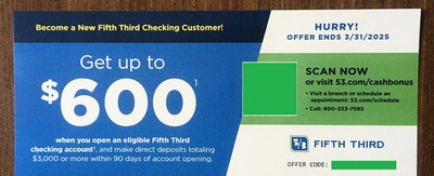 5/3 Fifth Third Bank $600 Bonus Coupon w/ New Checking Account Exp. 03 ...