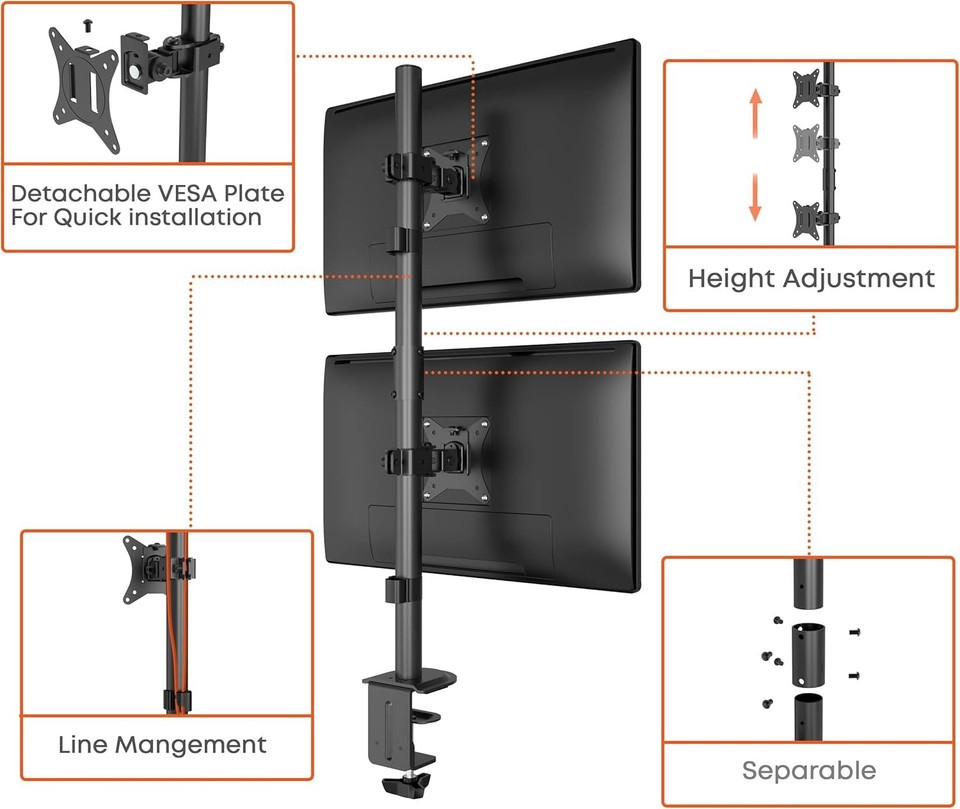 Dual Monitor Stand- Vertical Stack Monitor Desk Mount for Two Screens ...